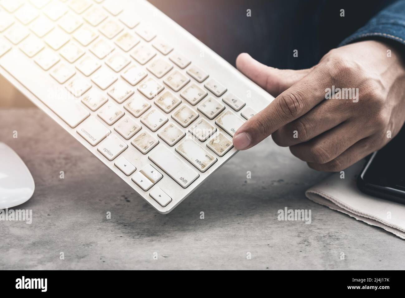 Closeup very dirty computer keyboard. Grimy, more bacteria on keyboard ...