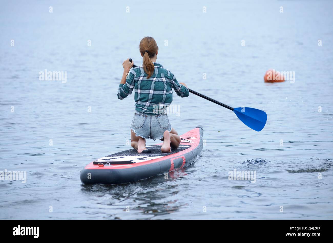 Girl rowing SUP board on water, kneeling Stock Photo - Alamy