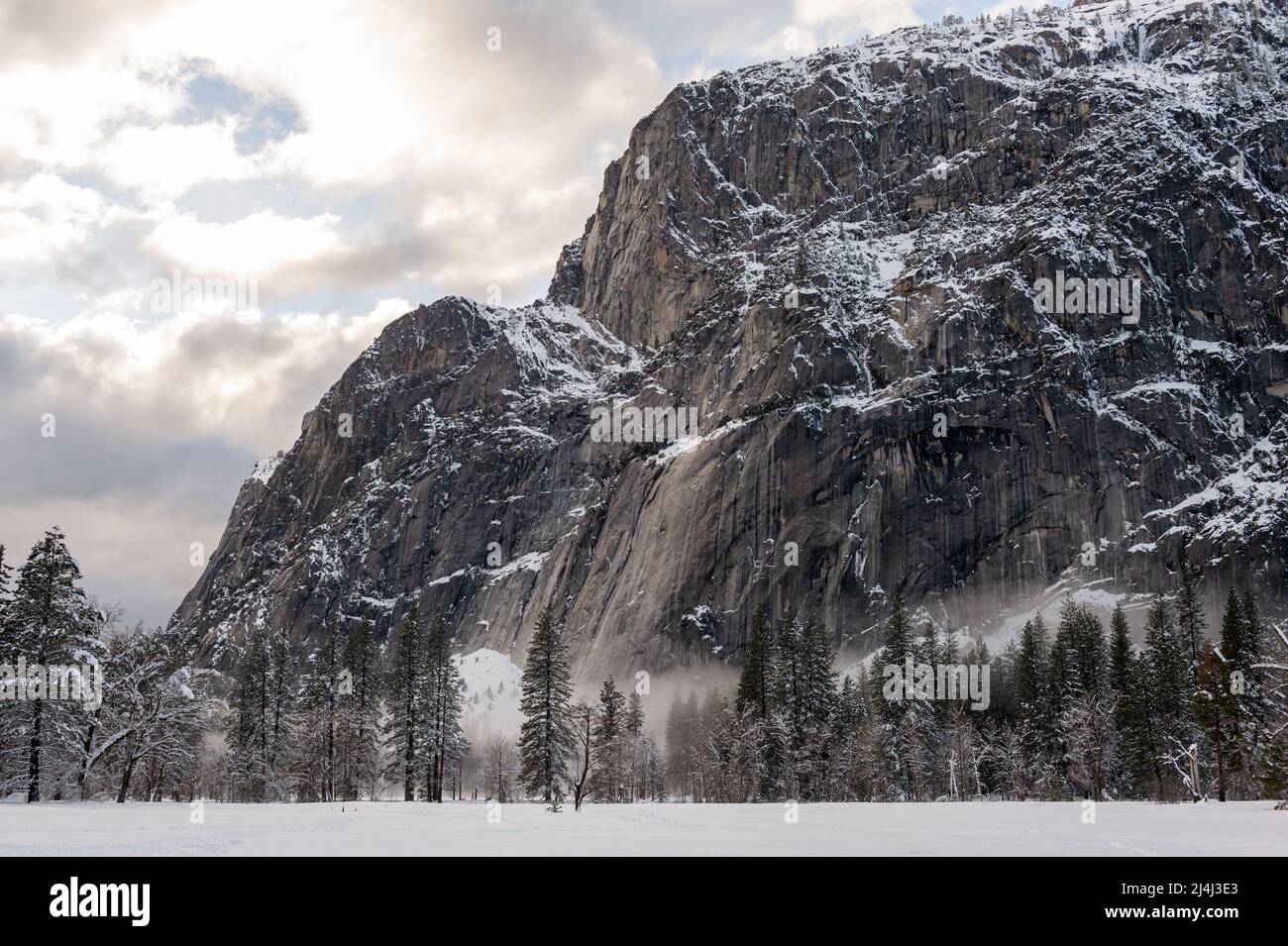 A thin layer of mis has developed in Yosemite valley floor on a snowy ...