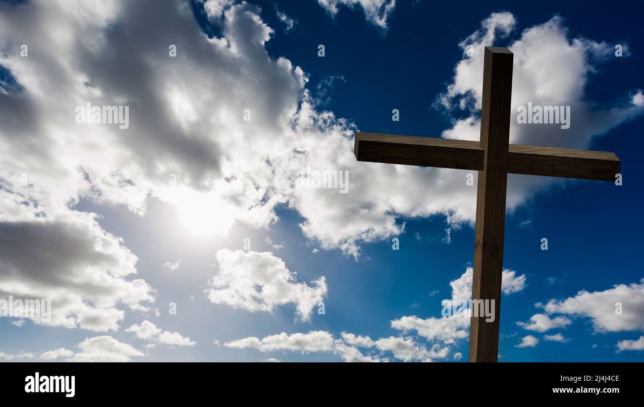 Jesus Christ cross. Easter, resurrection concept. Christian wooden cross on a background with ...