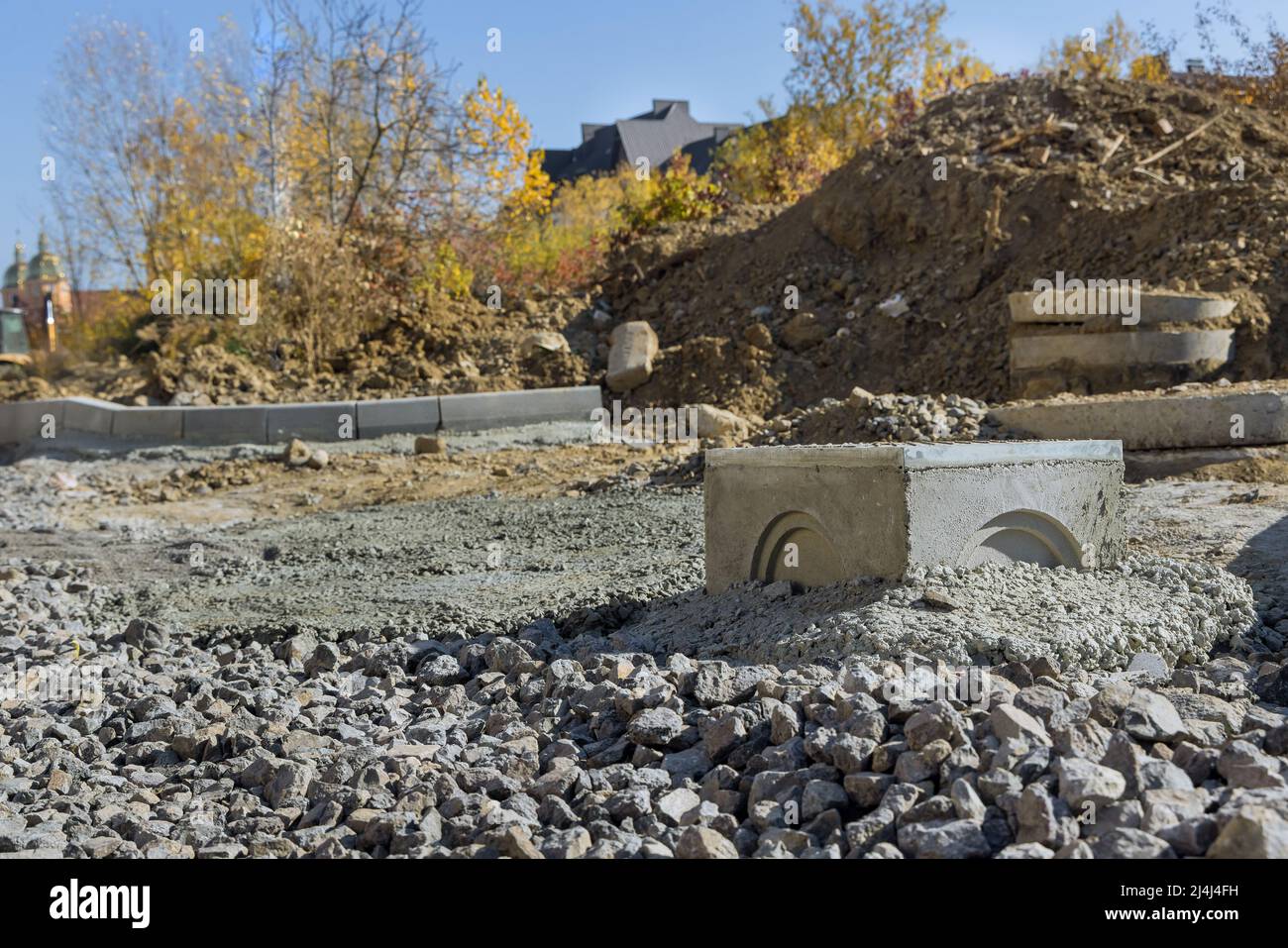 Installation of concrete sewer water drainage for collecting rainwater ...