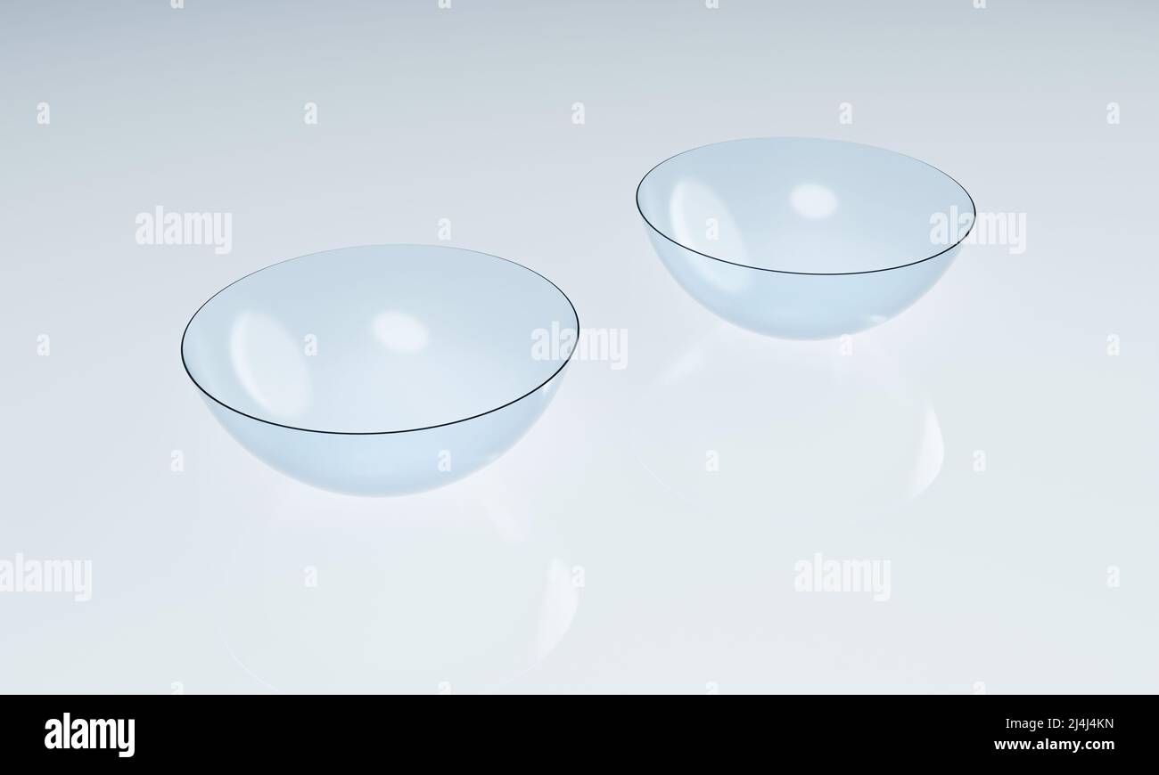 Couple of contact lens on clean reflection floor in laboratory. Optics ...