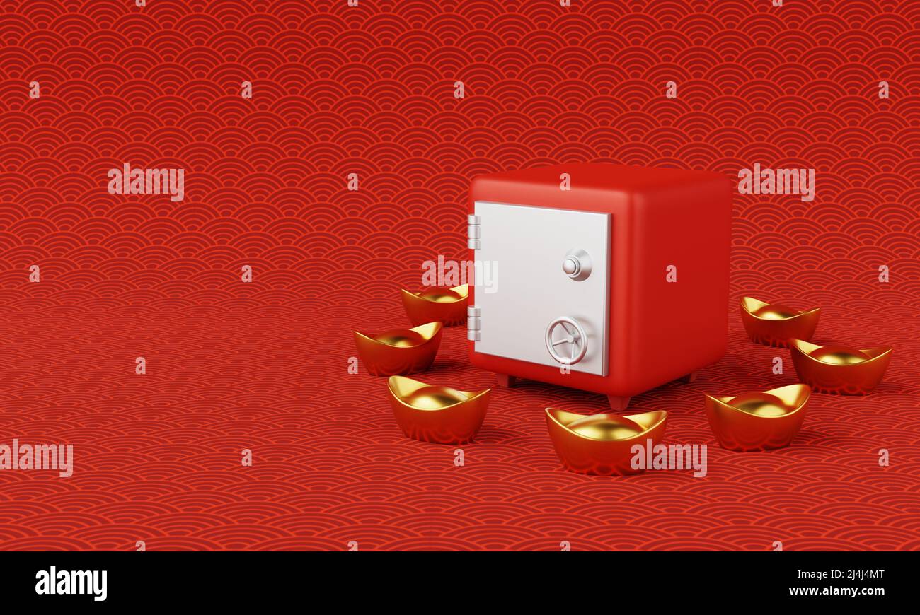 Safe box with Chinese gold ingot and Chinese culture pattern background ...