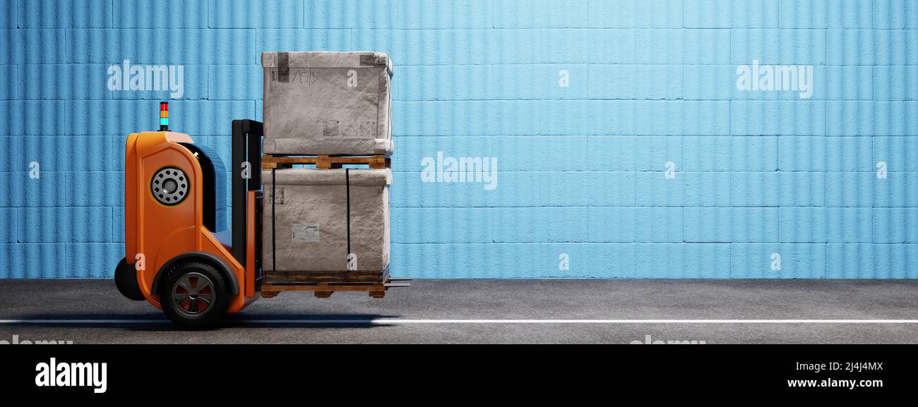 Driverless car forklift robot lifting and moving pallets cardboard box ...