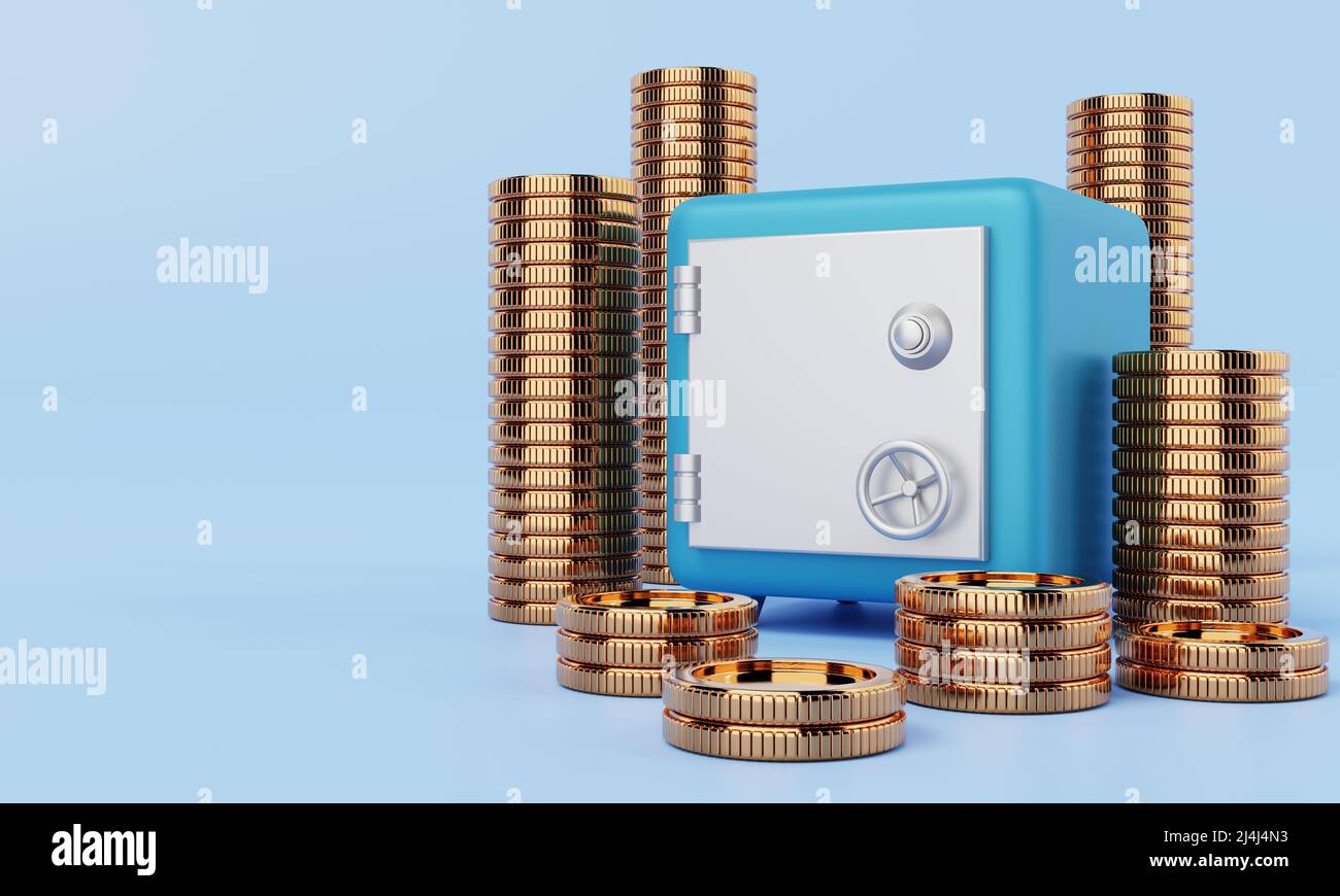 Safe box with golden coins on blue background. Financial economic and ...