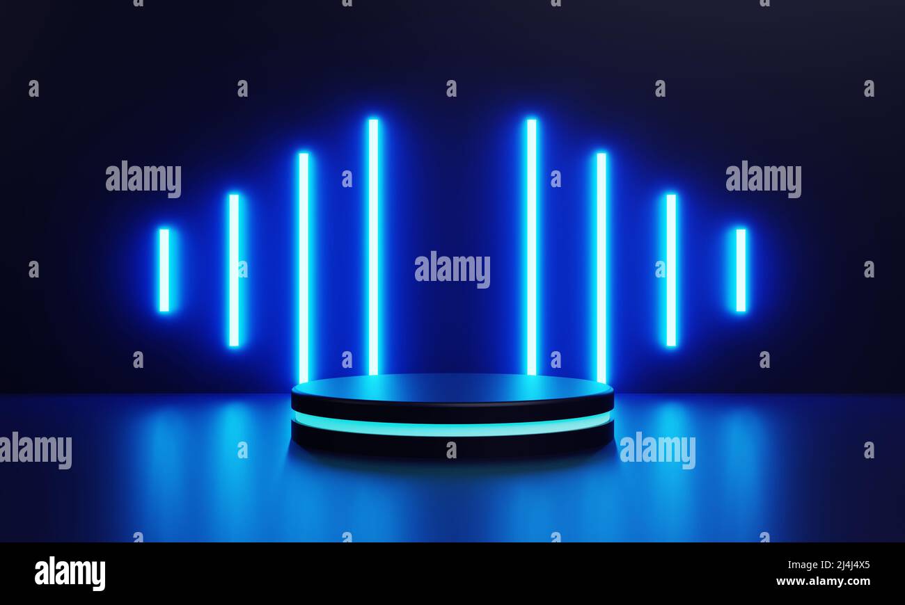 Modern product showcase sci-fi podium with blue glowing light neon ...