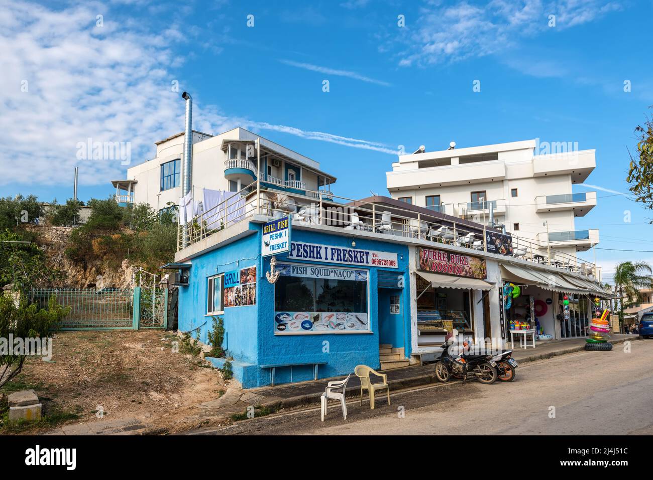 Ksamil, Albania - September 9, 2021: Fresh fish and Fish Grill trading ...