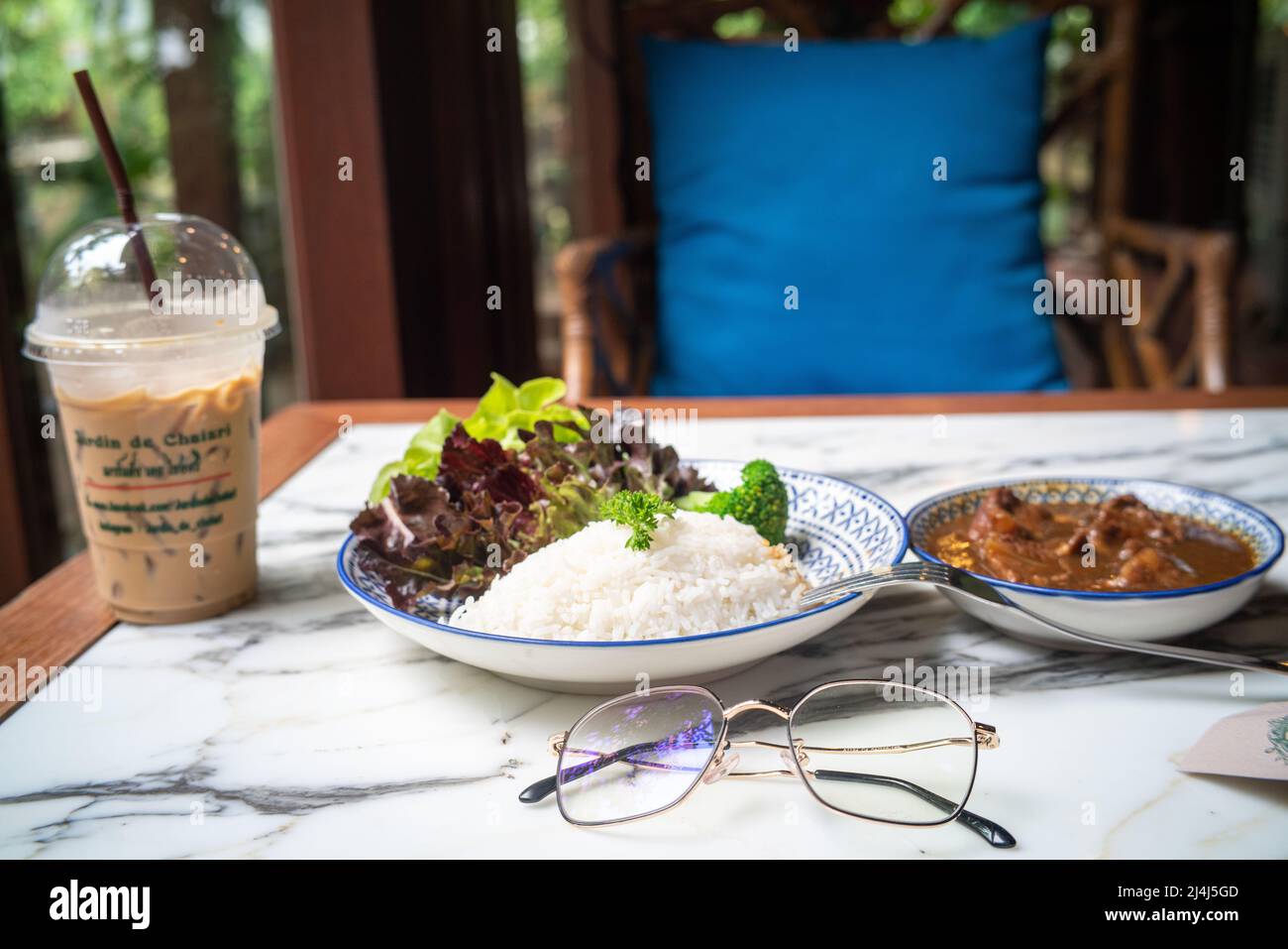 Rice with spicy curry asian food cafe drink in coffee shop food and ...