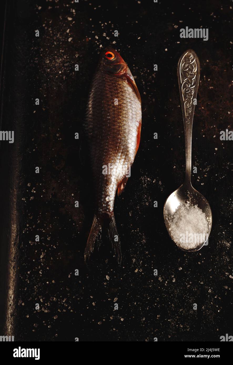 Fish with red eyes and fins next to spoon with salt on black surface of ...