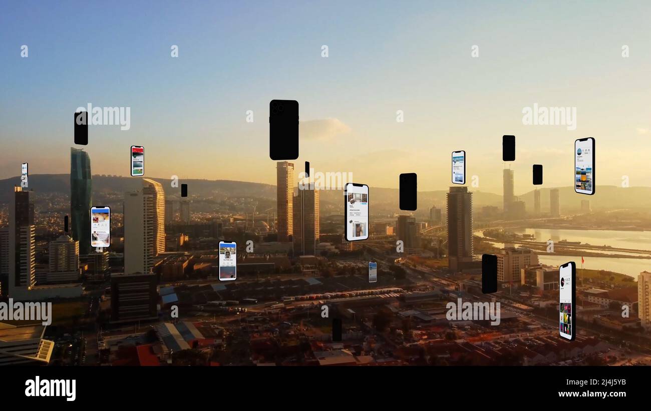 Connected aerial city with several interfaces. Futuristic concept. Augmented reality over Izmir ...