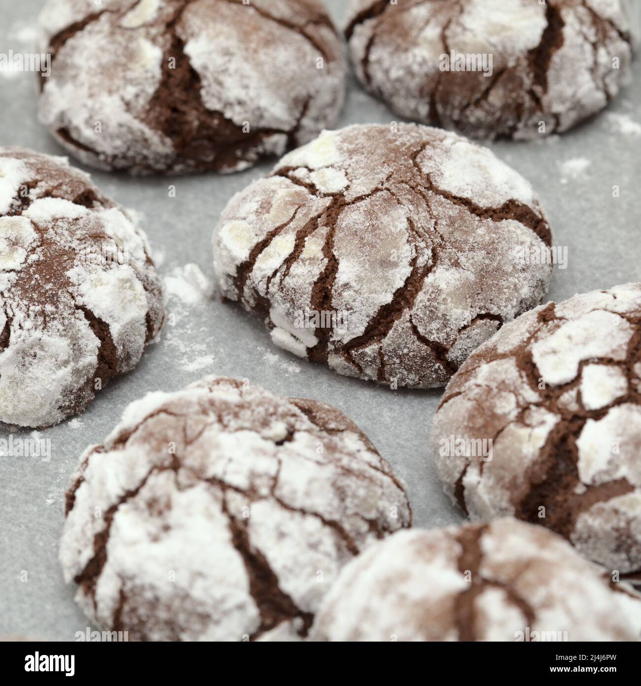 Home made chocolate cookies with crackled icing sugar coating Stock ...