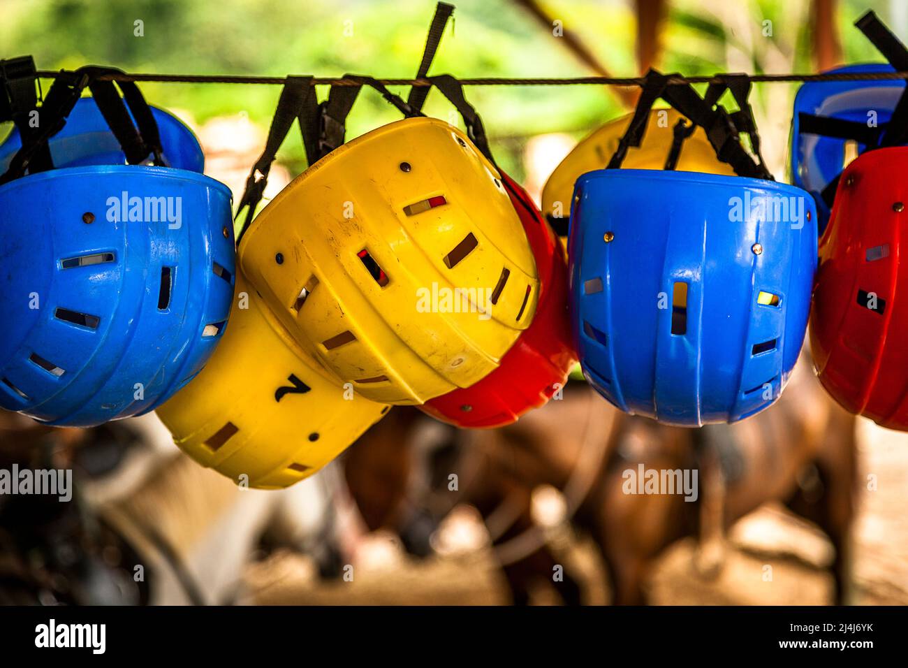 A row of colorful safety helmets hang for tourists coming to experience ...
