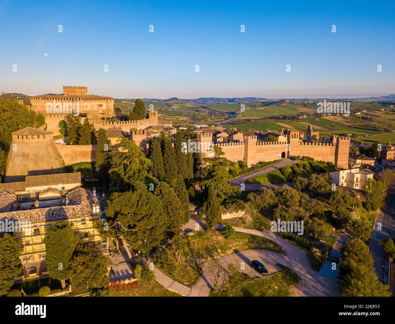 Italy, April 2022: aerial view of the medieval village of Gradara in ...