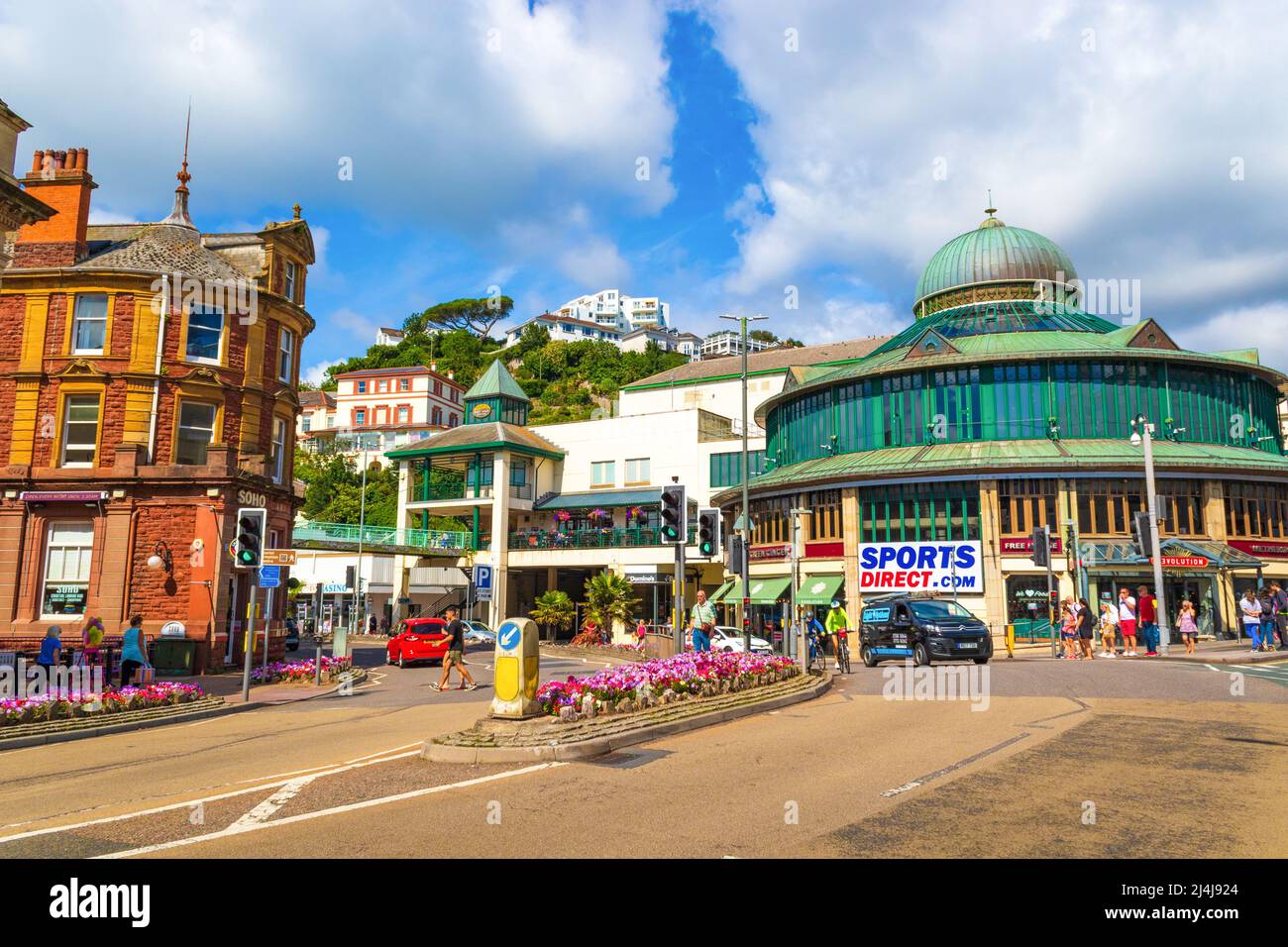 View of the main street of the seaside town of Torquay on the English ...