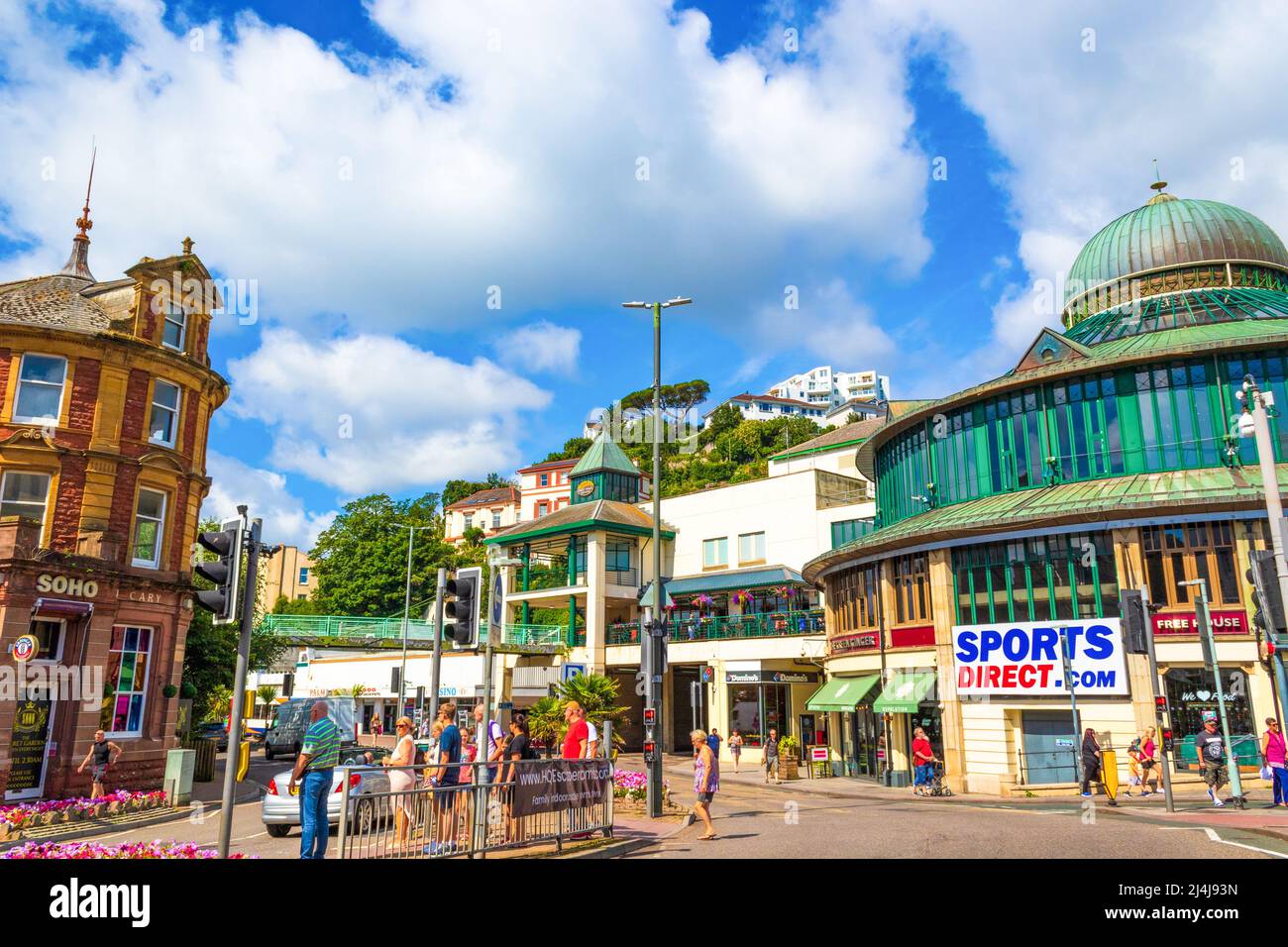 View of the main street of the seaside town of Torquay on the English ...