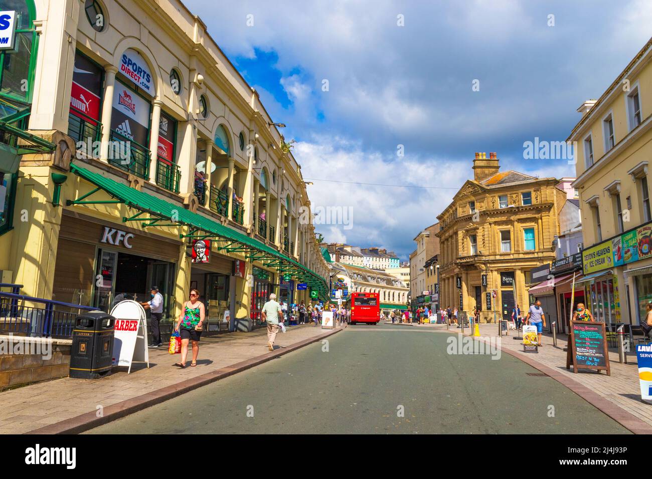 View of the main street of the seaside town of Torquay on the English ...