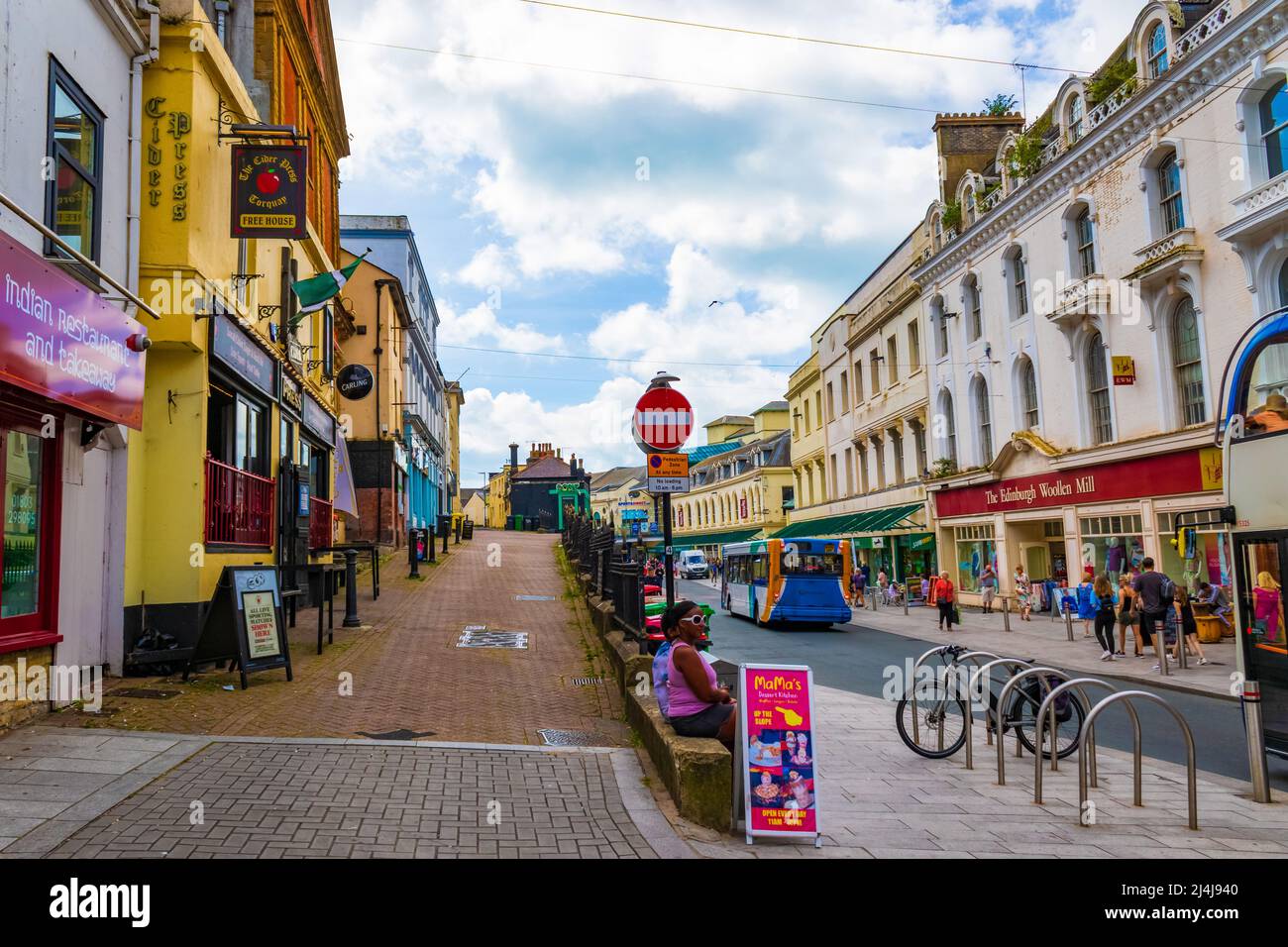 View of the main street of the seaside town of Torquay on the English ...