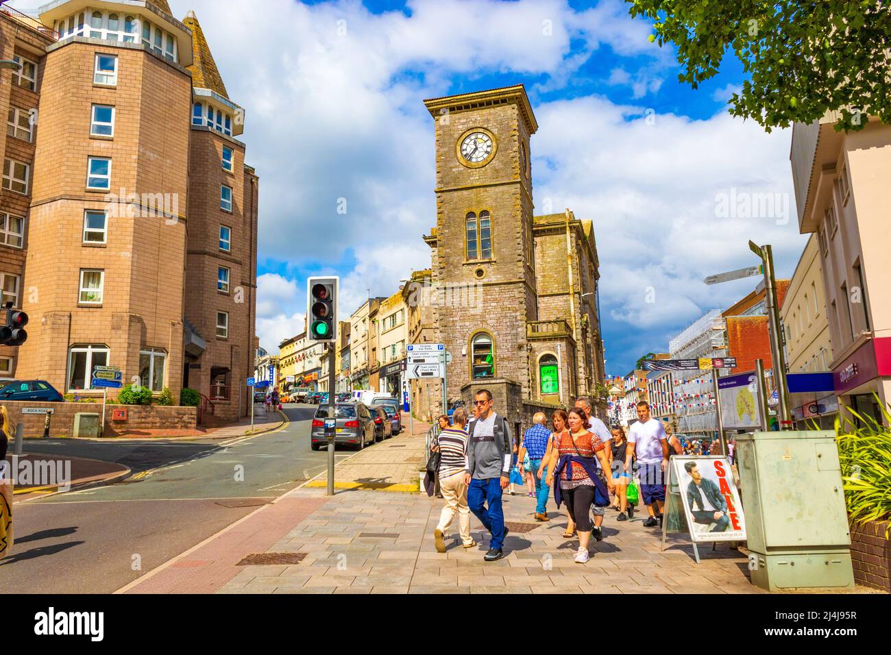 View of the main street of the seaside town of Torquay on the English ...
