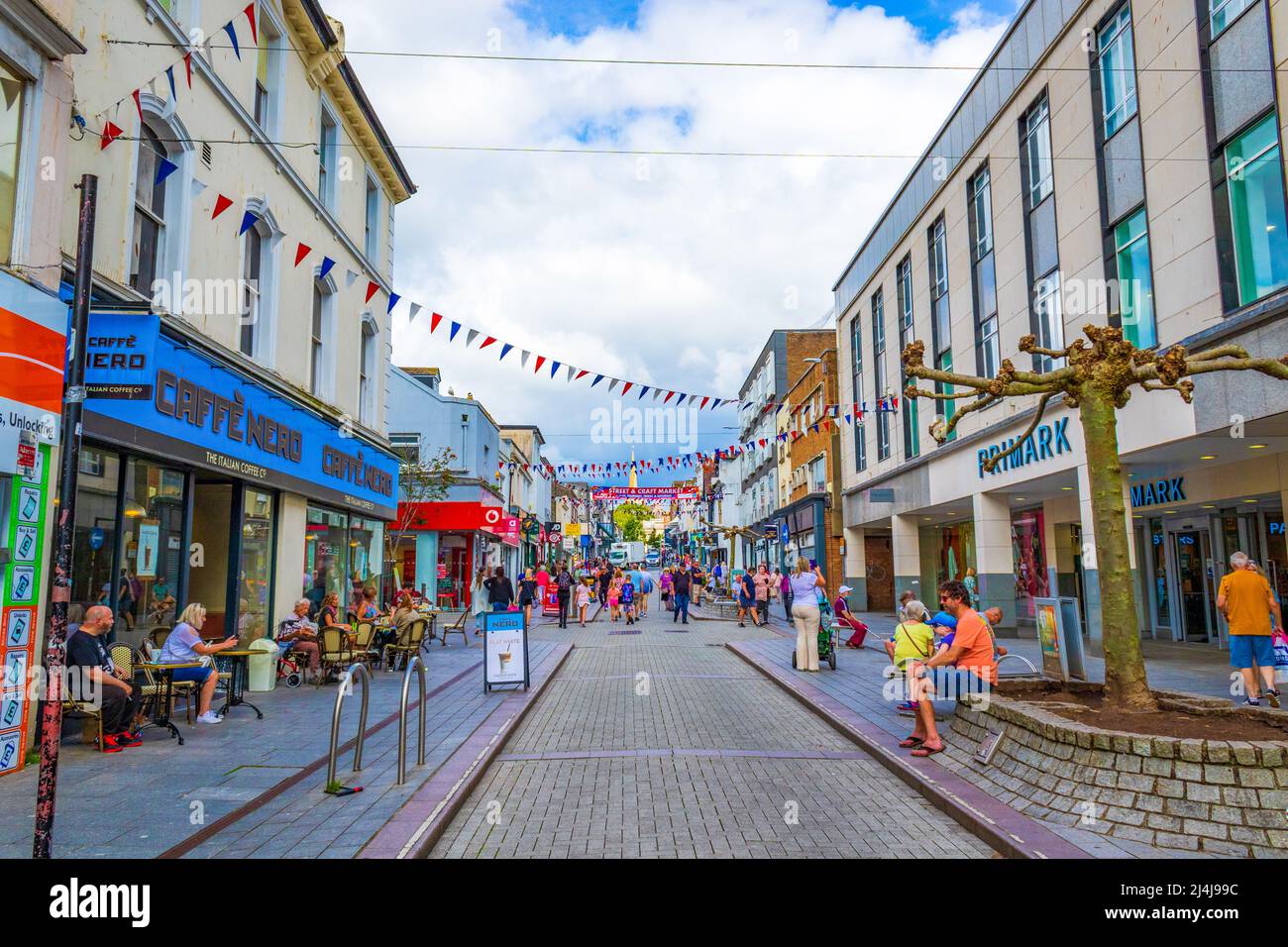 View of the main street of the seaside town of Torquay on the English ...