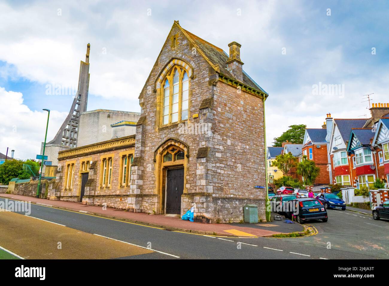 View of the main street of the seaside town of Torquay on the English ...