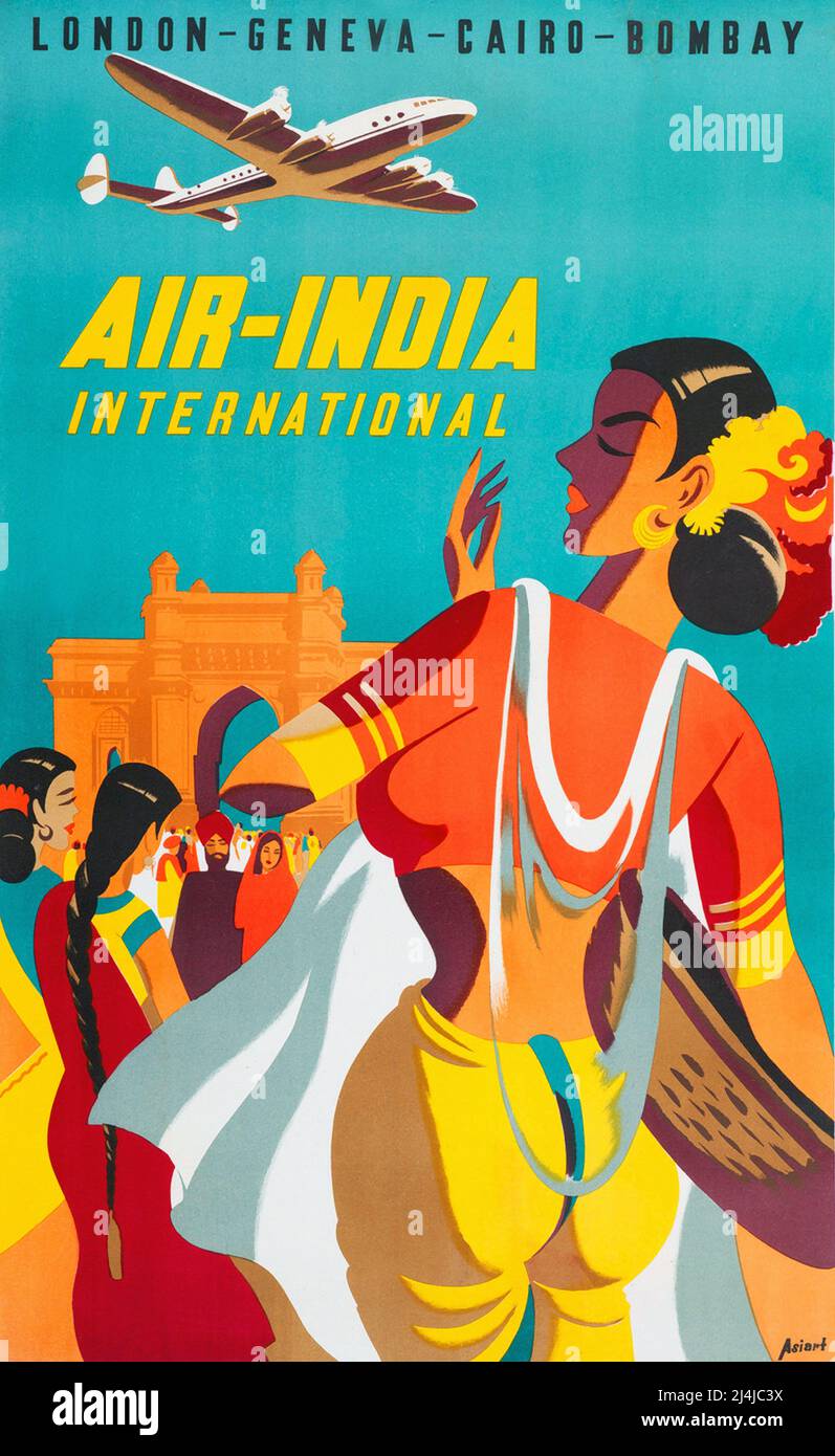 Vintage 1950s Travel Poster - Air-India - London-Geneva-Cairo-Bombay ...