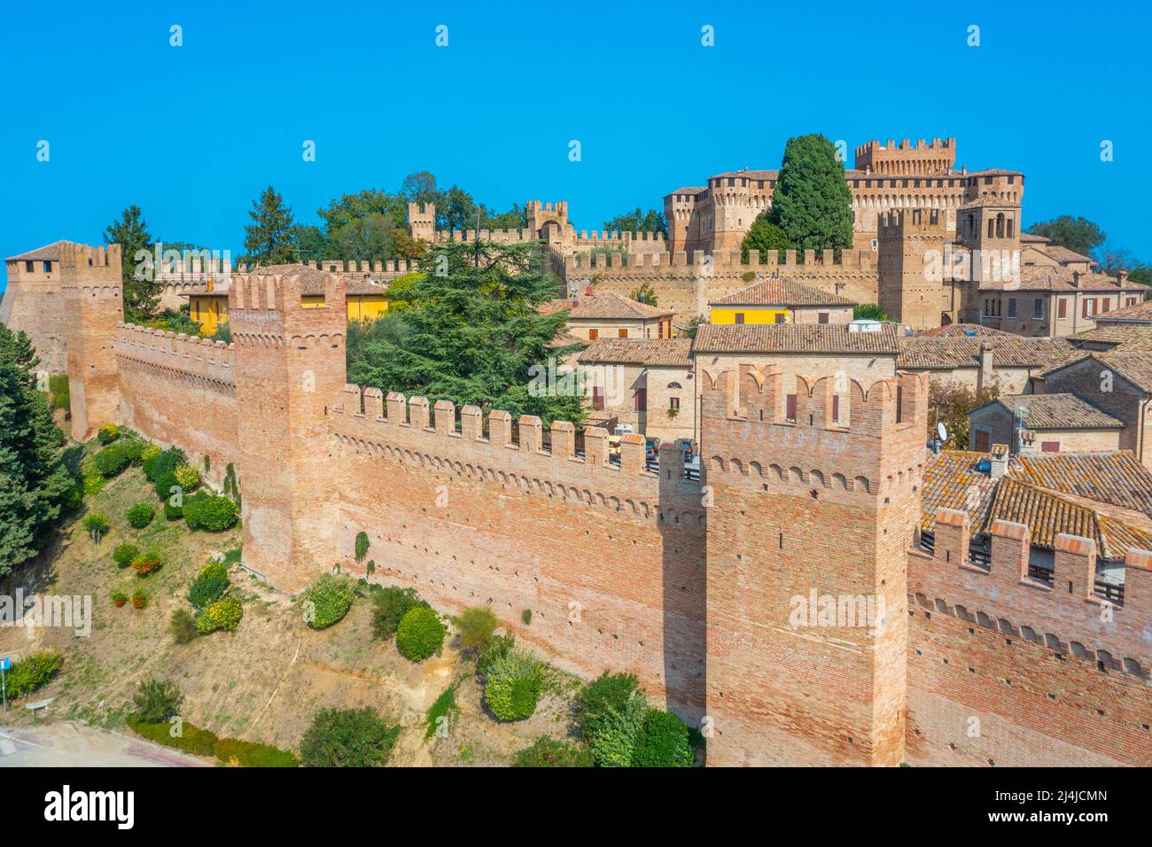 Castello di Gradara overlooking foritified village beneath, Italy Stock ...