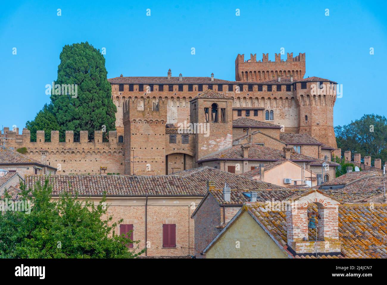 Castello di Gradara overlooking foritified village beneath, Italy Stock ...