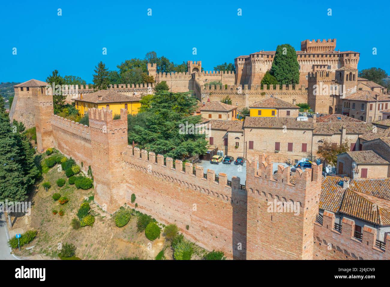 Castello di Gradara overlooking foritified village beneath, Italy Stock ...