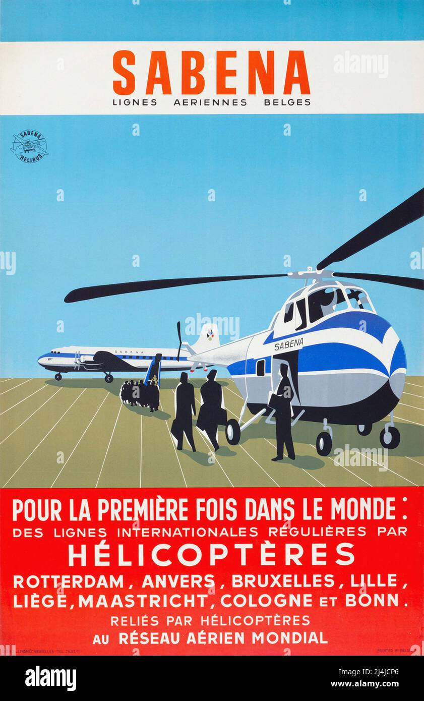 Vintage 1950s SABENA Airline Travel poster - Helicopters Stock Photo ...