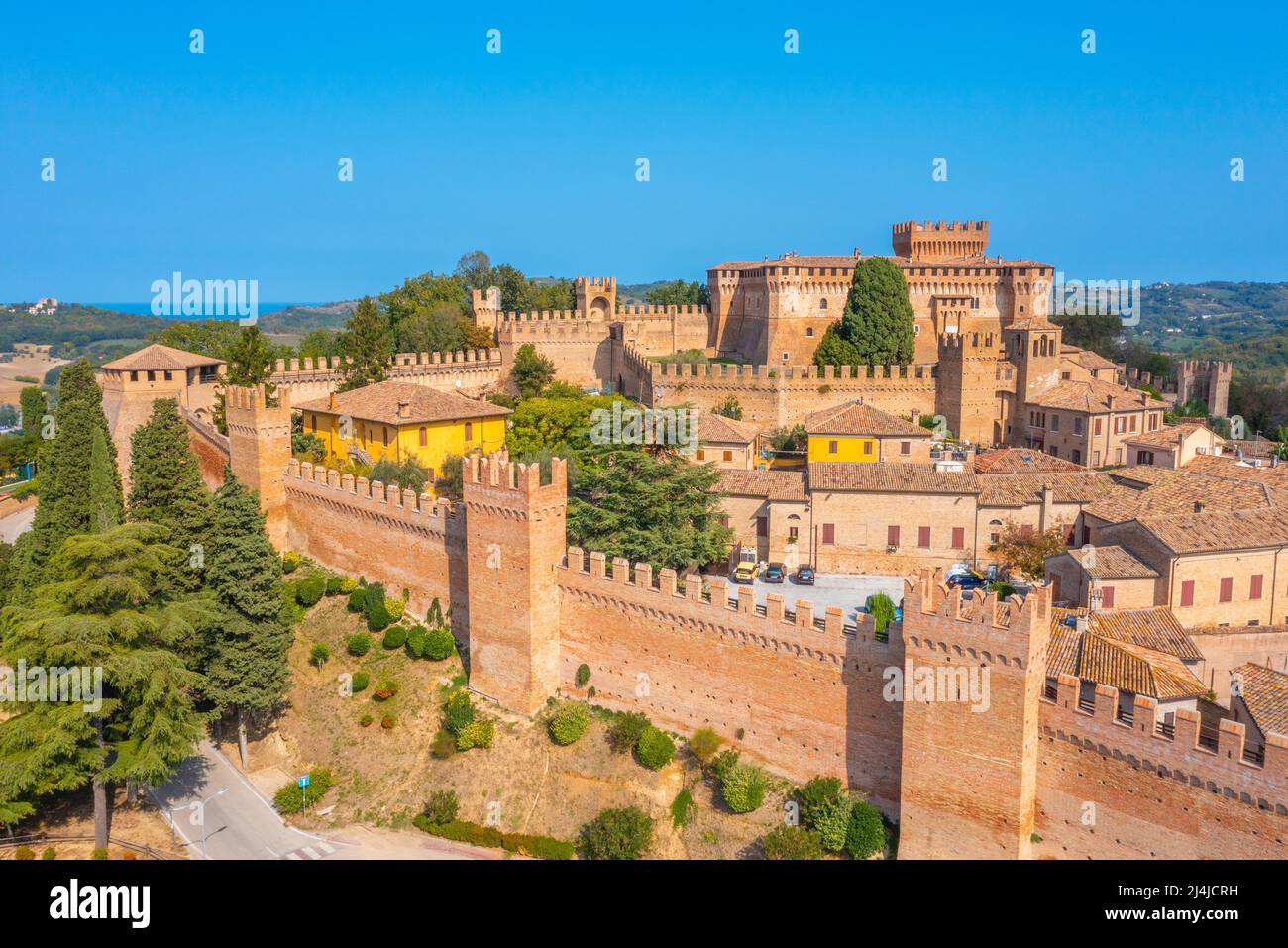 Castello di Gradara overlooking foritified village beneath, Italy Stock ...