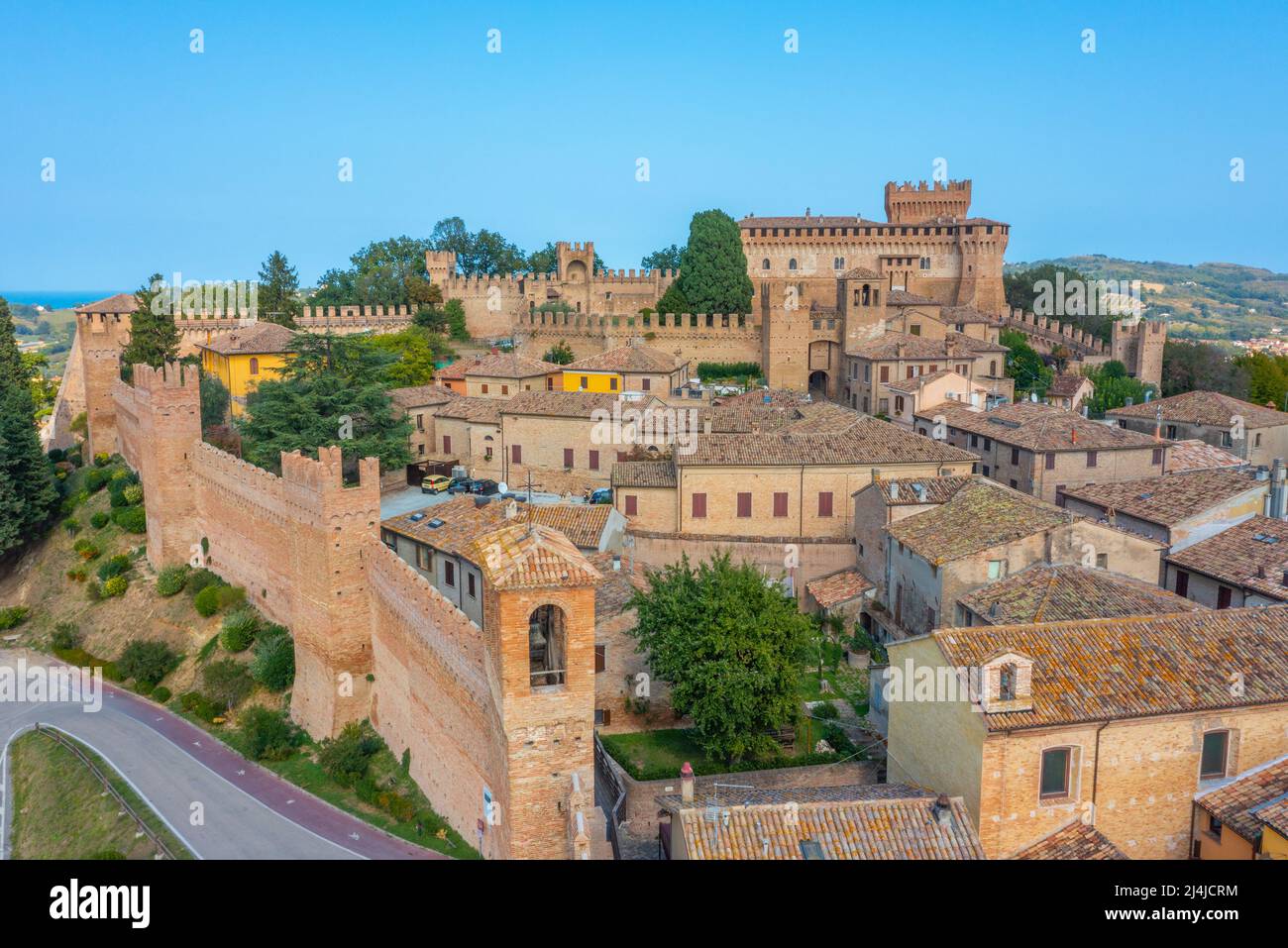 Castello di Gradara overlooking foritified village beneath, Italy Stock ...
