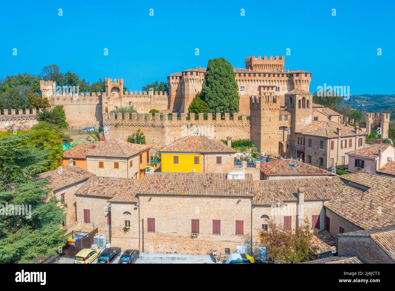 Castello di Gradara overlooking foritified village beneath, Italy Stock ...