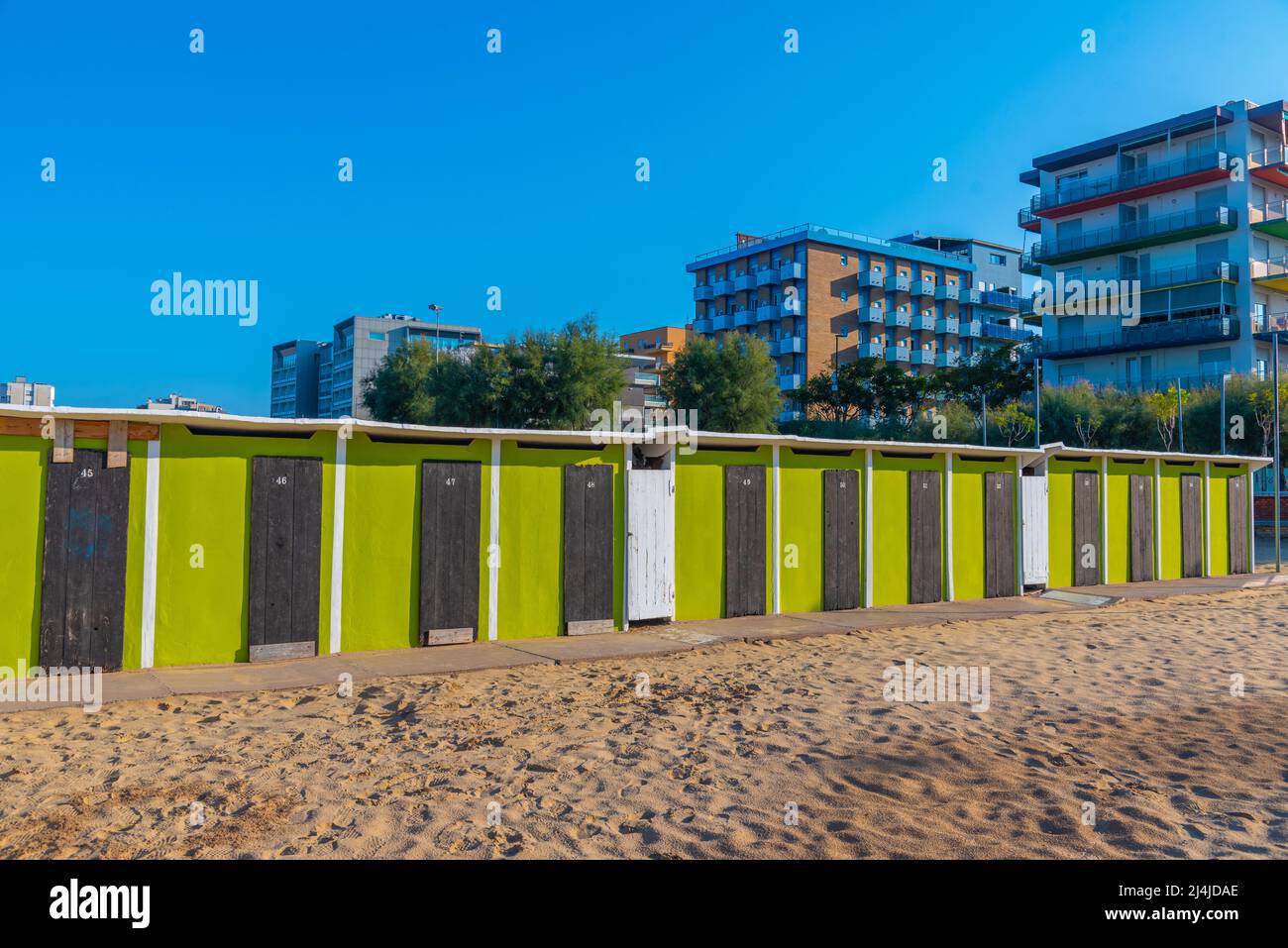 Colourful changing rooms on a beach in Pesaro, Italy Stock Photo - Alamy