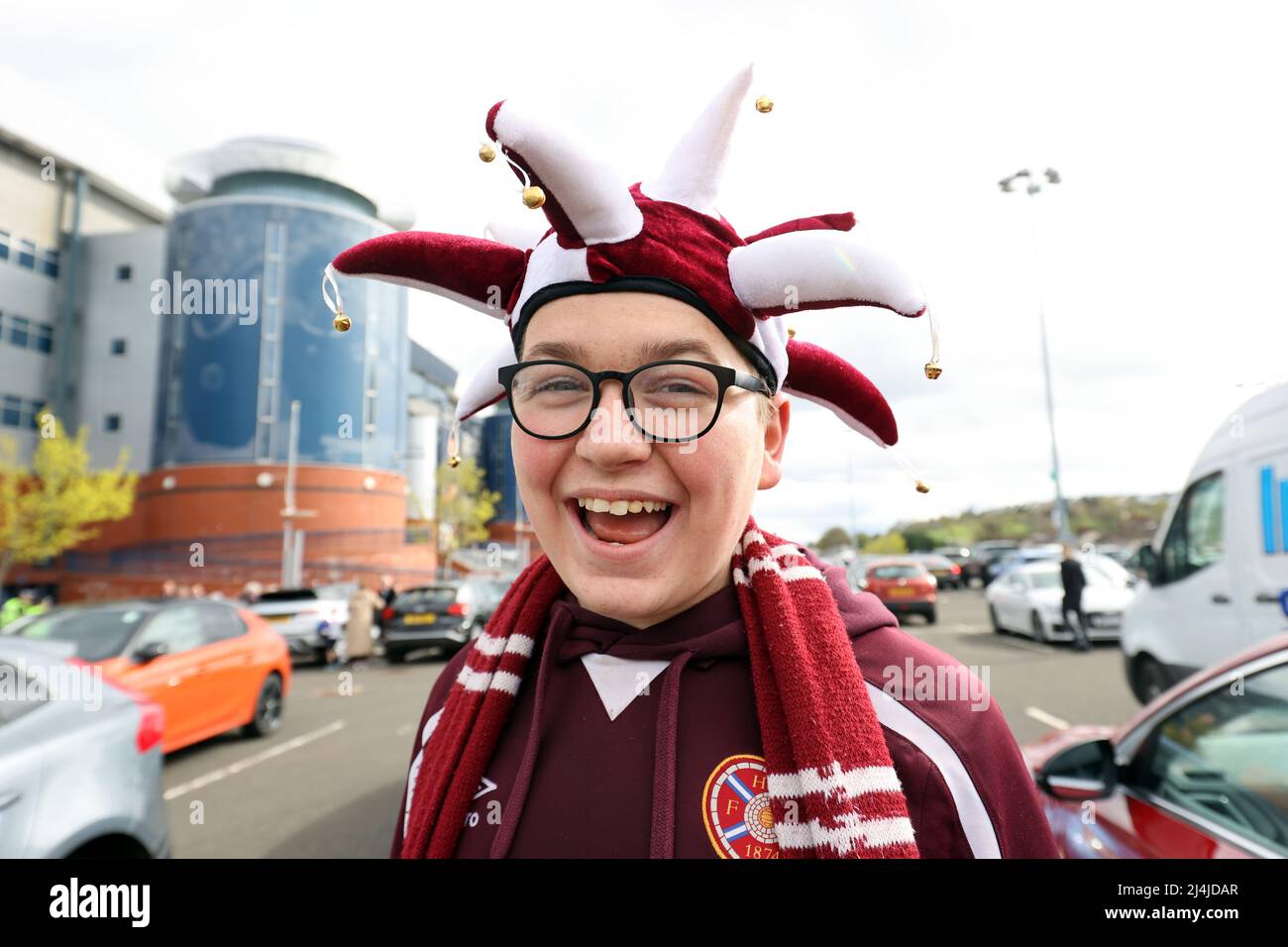 A Heart of Midlothian fan in a jester hat before the Scottish Cup semi ...