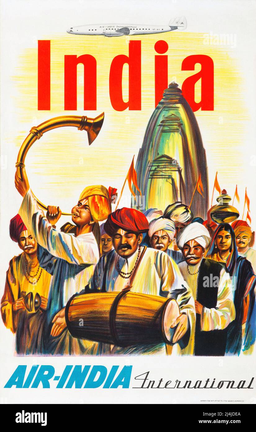 Air India International vintage travel poster- Indian Temple Procession ...
