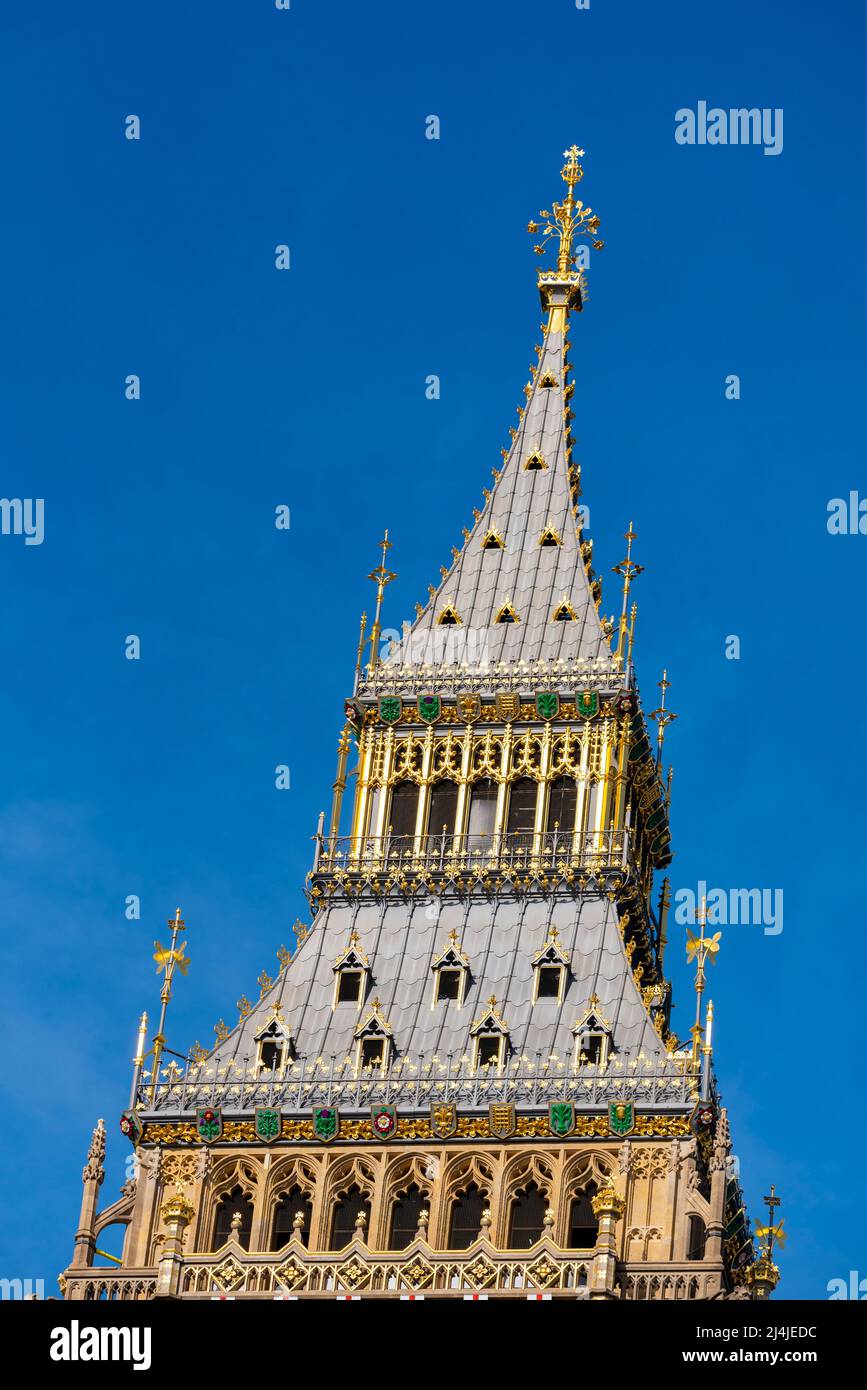 Upper detail of recently uncovered restored Elizabeth Tower, Big Ben ...