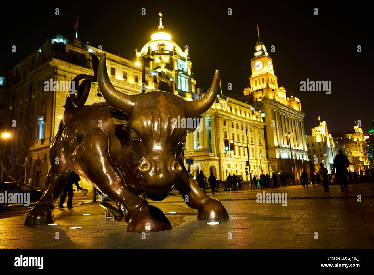 Wall street bull on Shanghai Bund. Shanghai is the financial center of ...