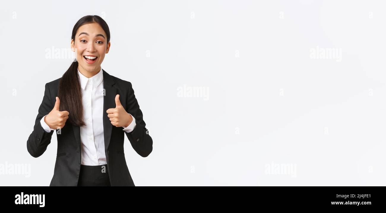 Excited happy saleswoman praise friend work, showing thumbs-up in ...