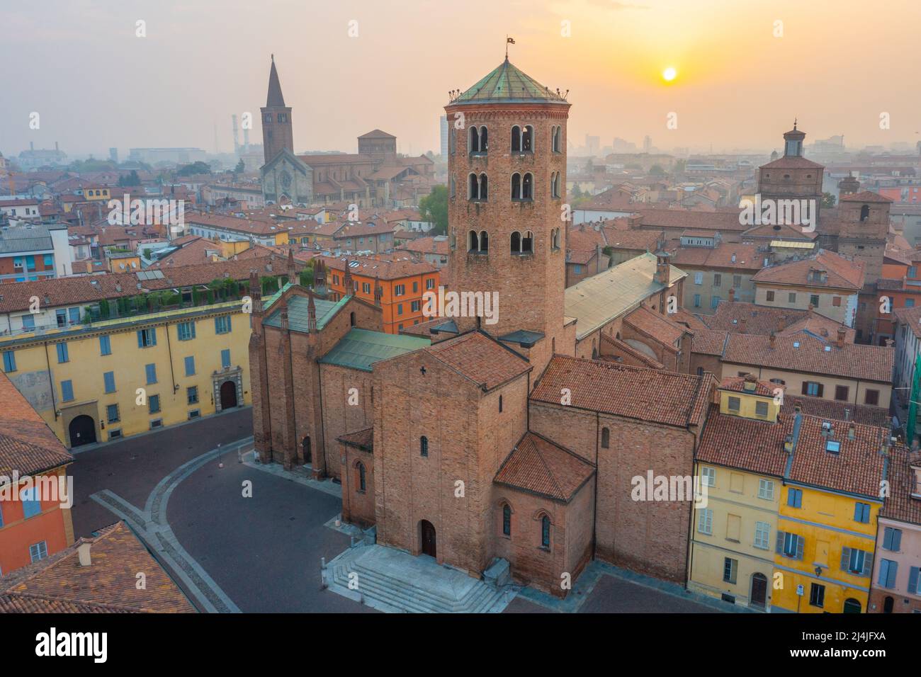 Aerial view over Basilica of Saint Antoninus in Italian town Piacenza ...
