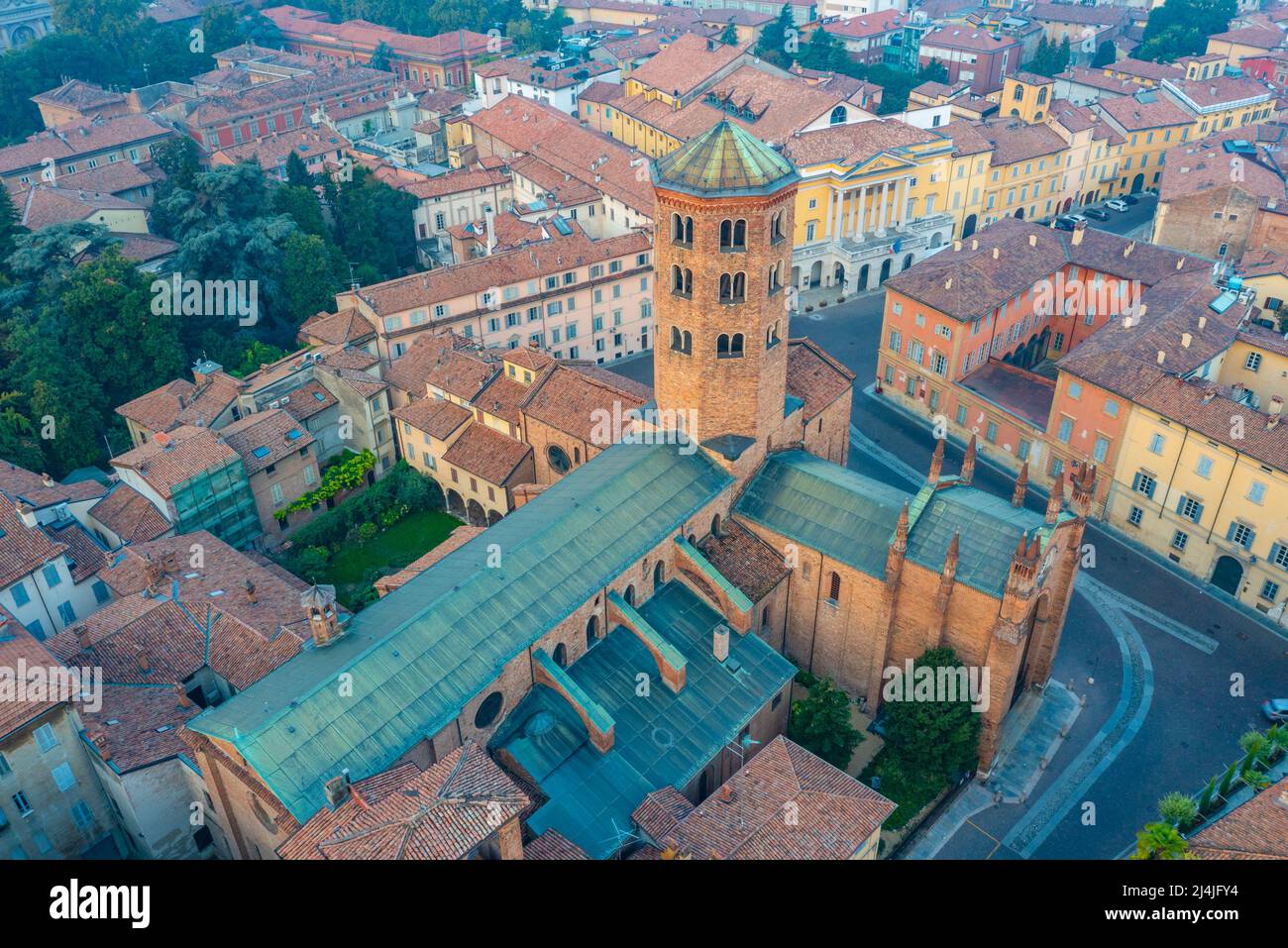 Aerial view over Basilica of Saint Antoninus in Italian town Piacenza ...