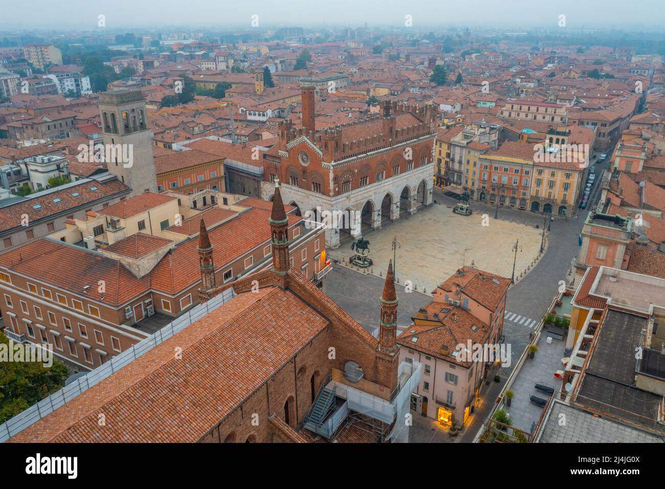 Aerial view over Piazza dei Cavalli in the center of Italian town ...