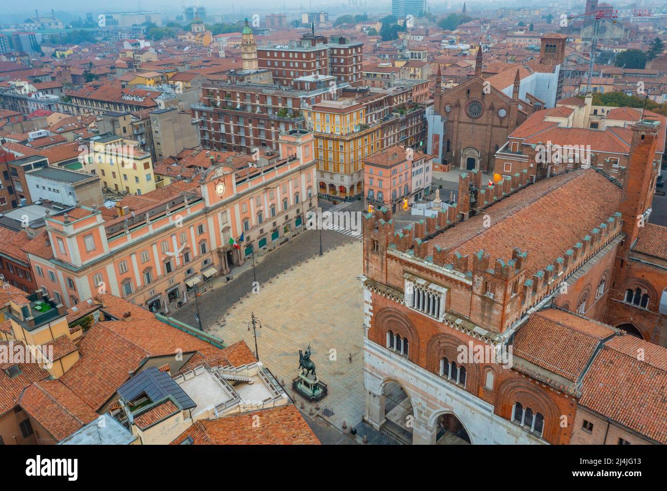 Aerial view over Piazza dei Cavalli in the center of Italian town ...