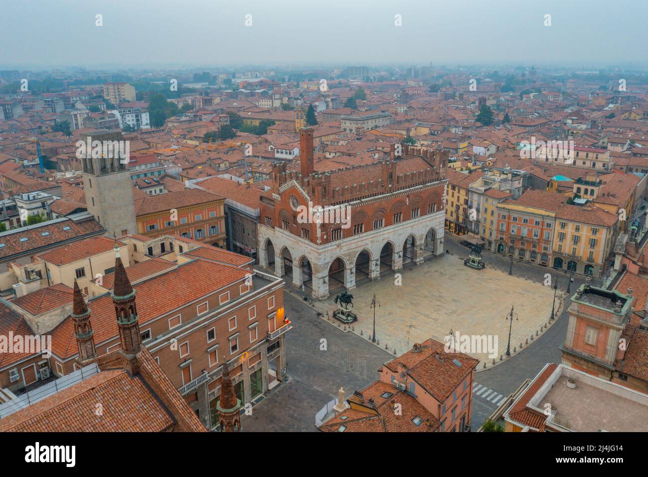 Aerial view over Piazza dei Cavalli in the center of Italian town ...