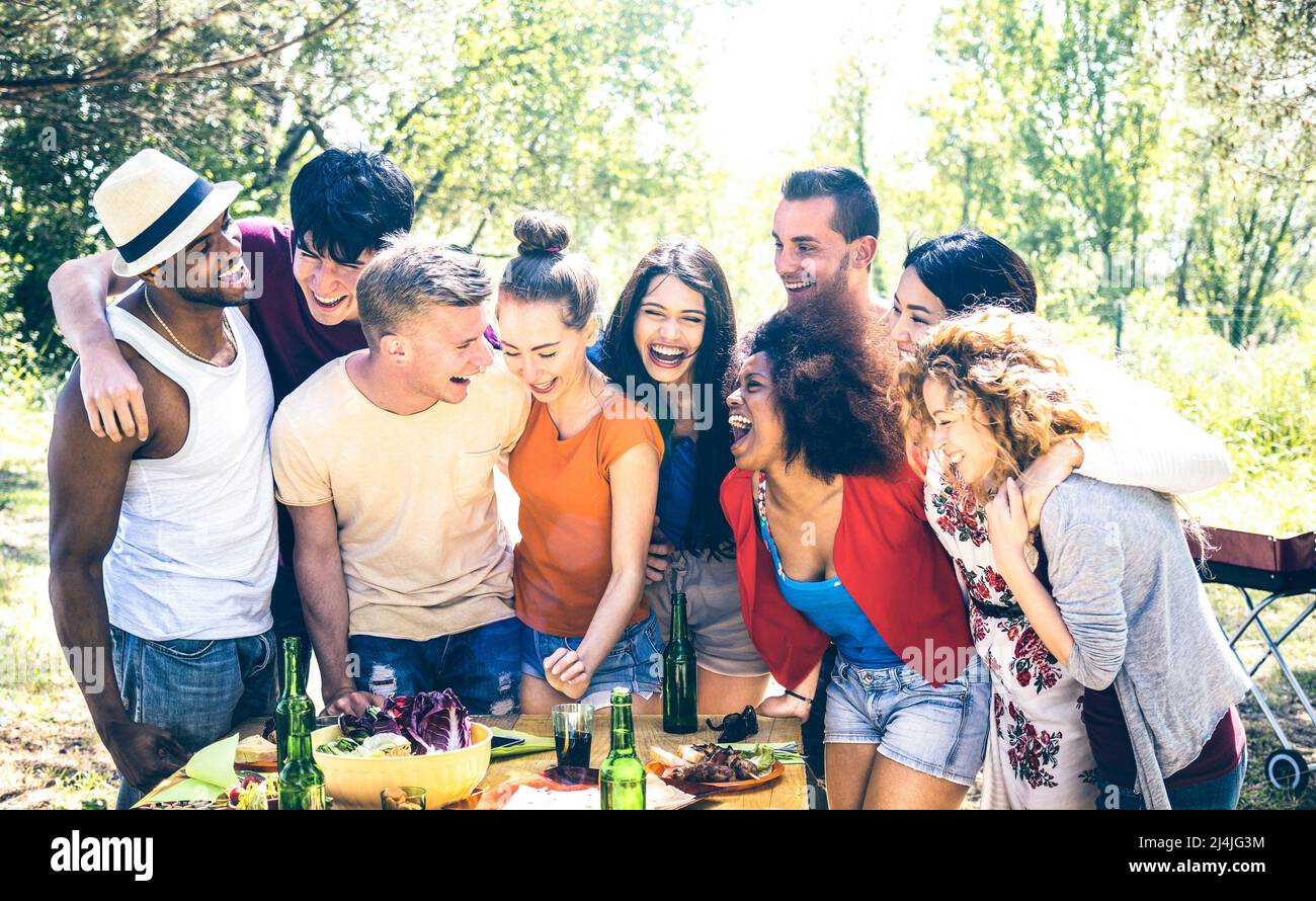 Happy friends having fun together at pic nic barbecue party - Young ...