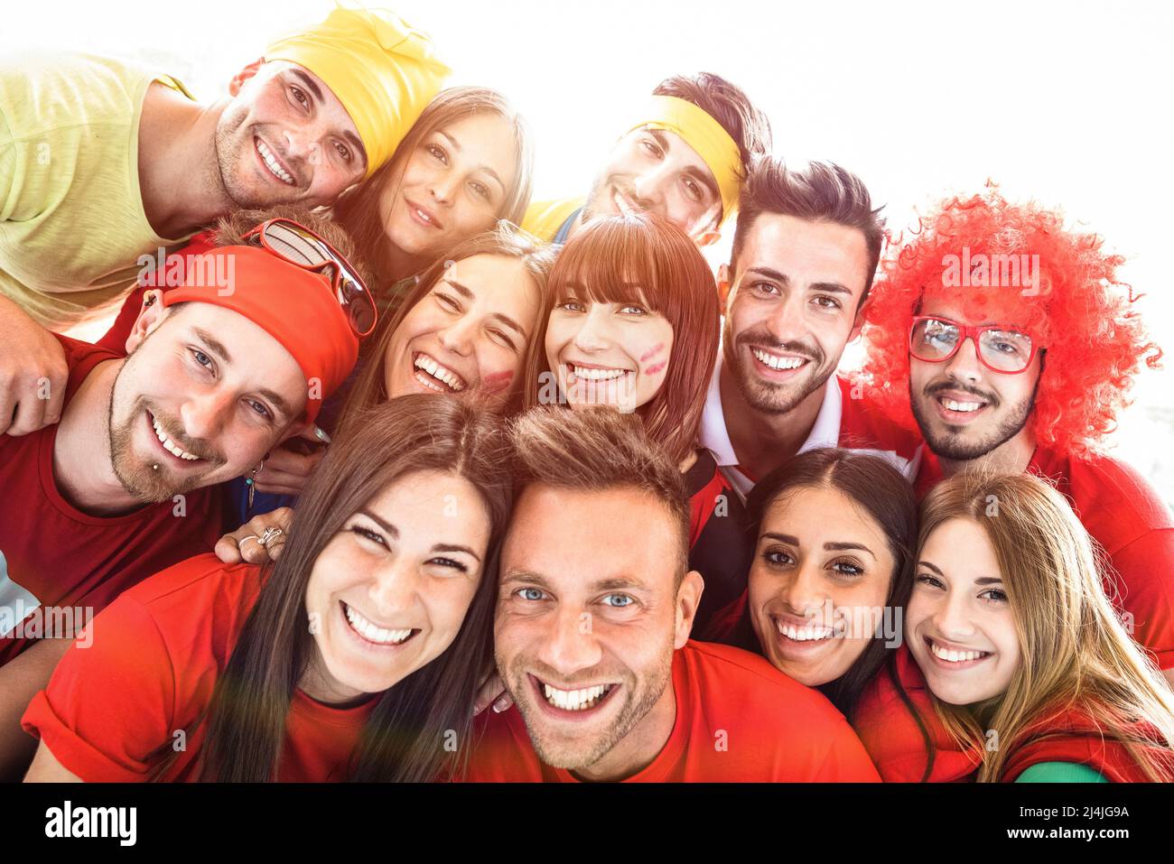 Happy sport friends taking selfie at world soccer event - Friendship ...