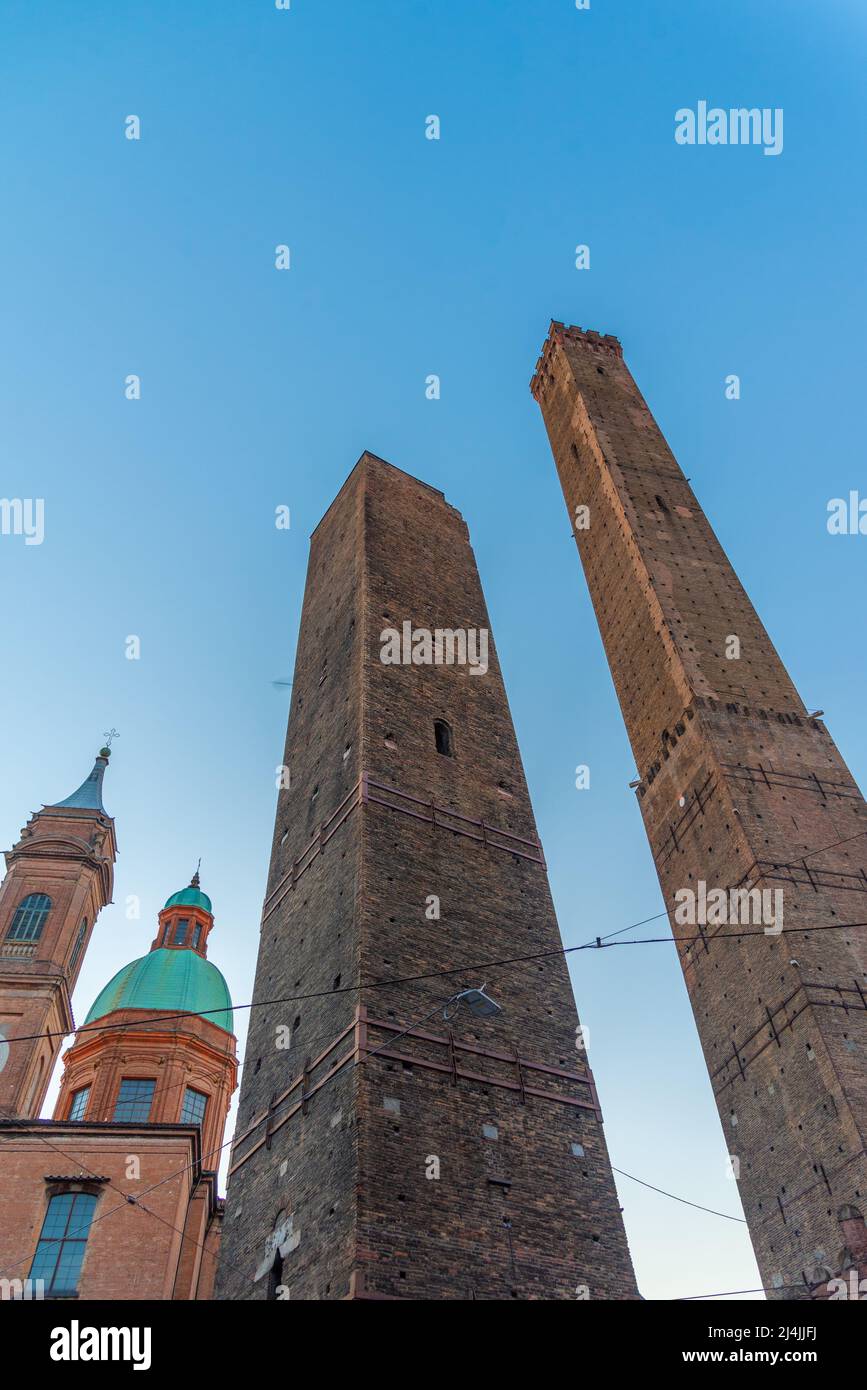 The top of Two Towers (Le Due Torri) Torre Asinelli and Torre Garisenda ...