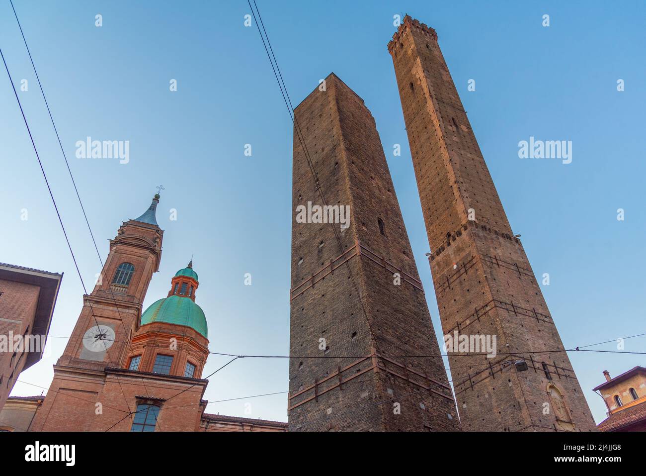 The top of Two Towers (Le Due Torri) Torre Asinelli and Torre Garisenda ...