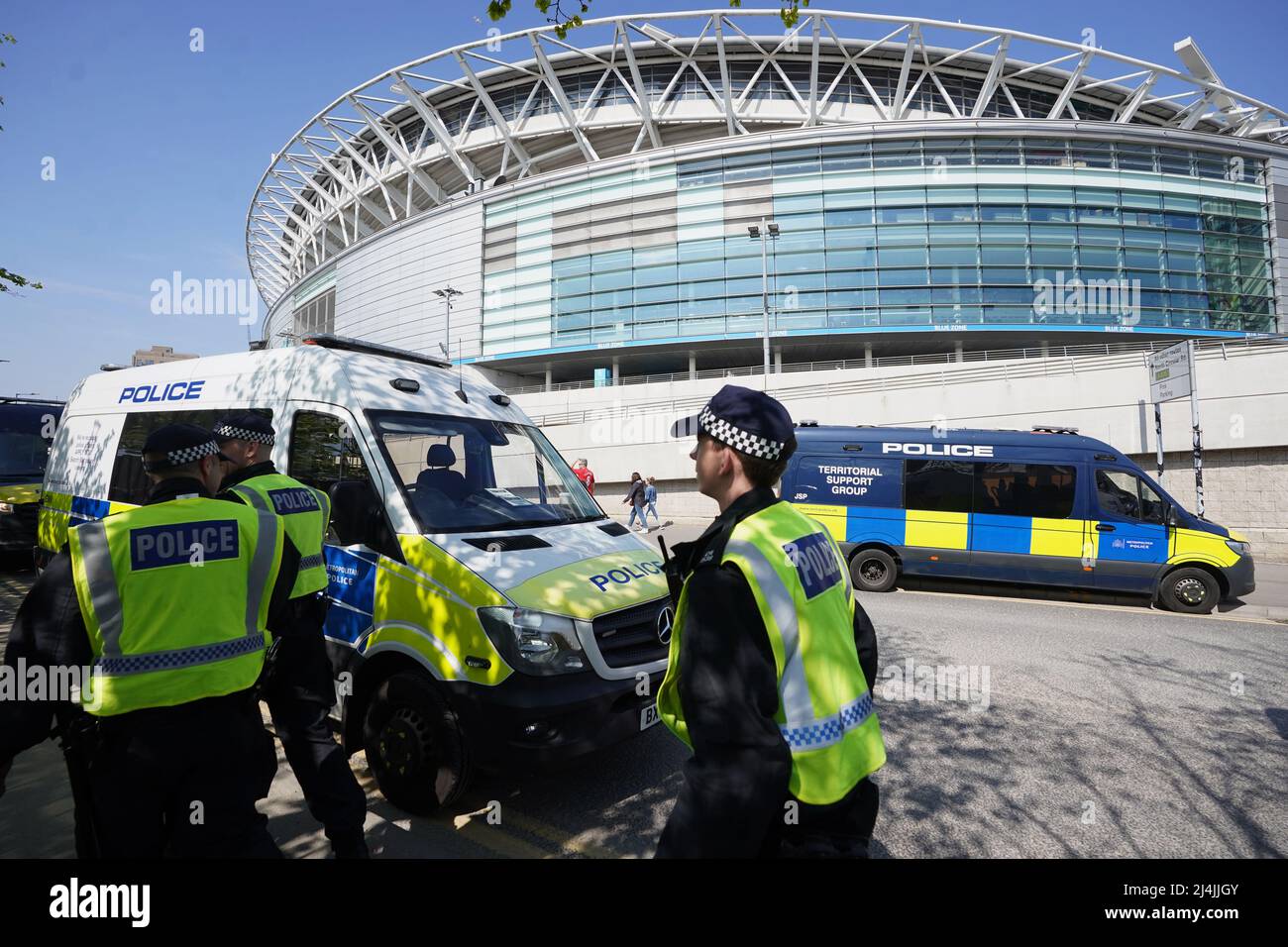 Police units are seen outside the ground as fans begin to arrive before ...