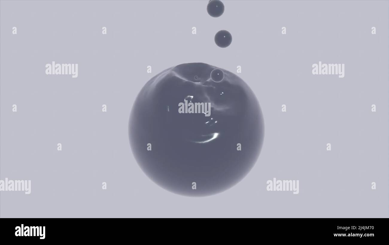Drops fall on surface of liquid ball. Design. Gray drops fall on liquid ...