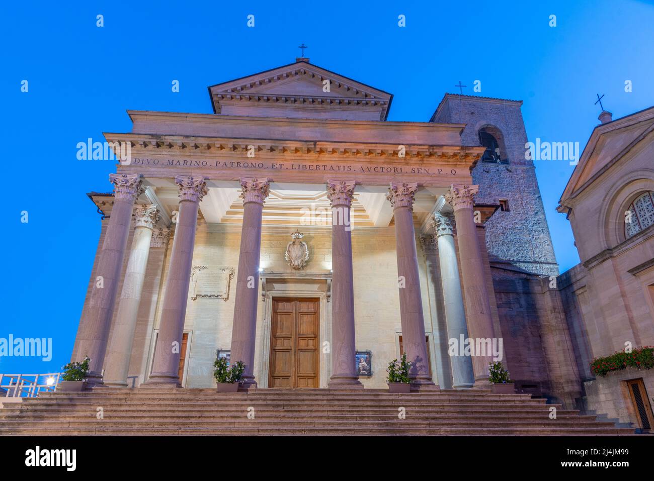Sunrise view of Basilica di San Marino. Catholic church of the Republic ...